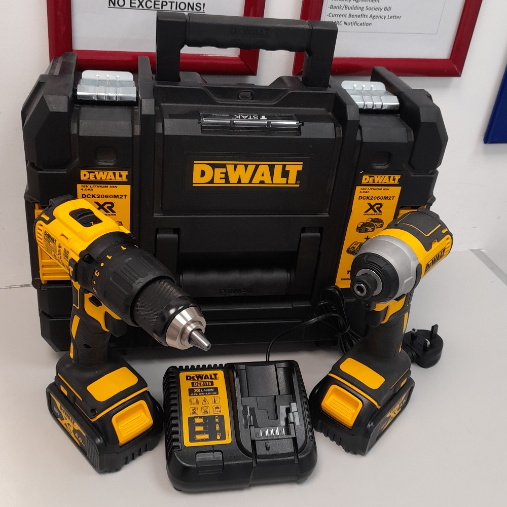 Pre-owned DEWALT DCK2060M2T-SFGB Cordless Combi Drill/Impact Driver Kit (2 x 4ah Batteries ...